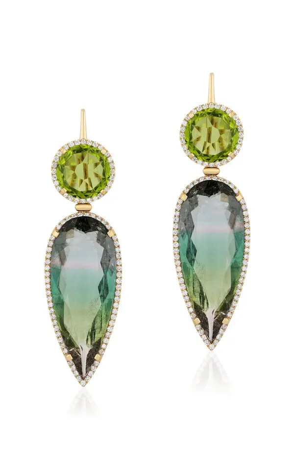 Goshwara 18k Yellow Gold Peridot And Watermelon Tourmaline Grasshopper Earrings - Green