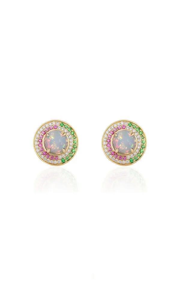 Goshwara 18k Yellow Gold Opal Earrings With Diamonds, Pink Sapphire & Tsavorite - White