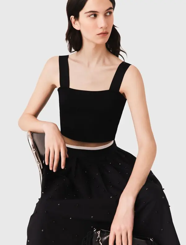 Maje Knitted Crop Top With Straps - Black
