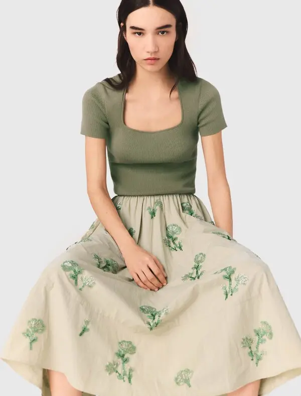 Maje Beaded Floral Embroidered Technical Skirt