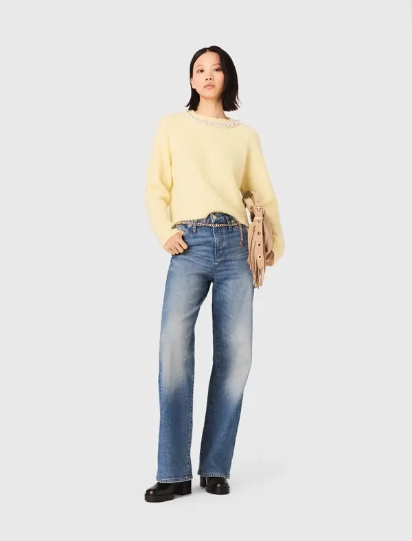 Maje Stonewash Denim Jeans With Embellished Chain Belt - Blue