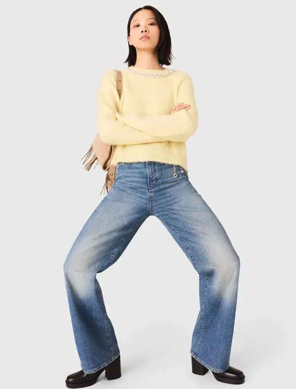 Maje Stonewash Denim Jeans With Embellished Chain Belt - Blue