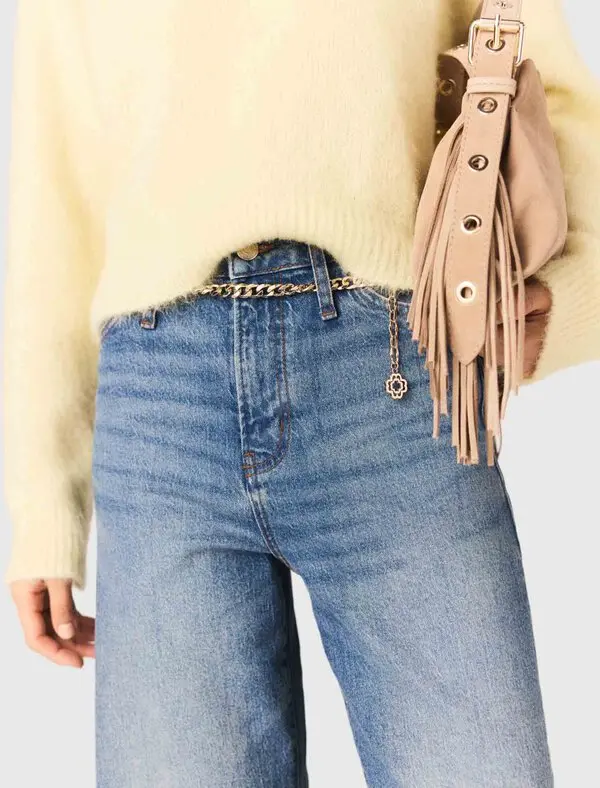 Maje Stonewash Denim Jeans With Embellished Chain Belt - Blue