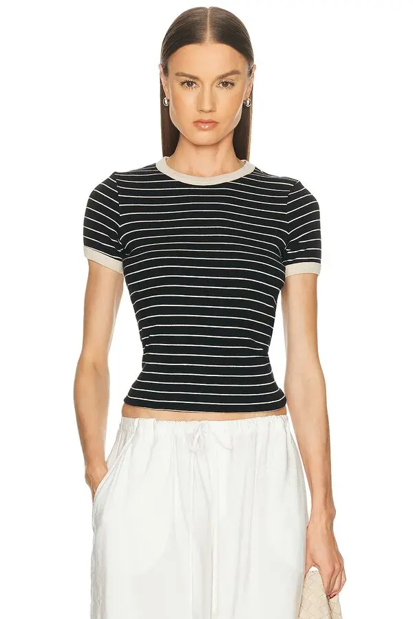 Enza Costa Cotton Stripe Classic Short Sleeve Tee - Wheat & Black