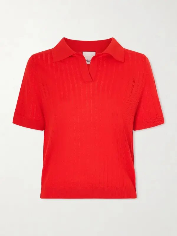 ALLUDE Pointelle-knit Wool Polo Top