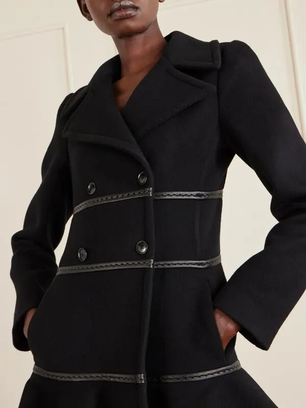 Alaïa Princess Double-breasted Leather-trimmed Wool Coat - Black