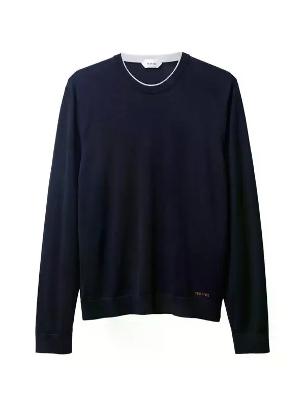 Versace Embroidered Wool Knit Crewneck Sweater - Blue