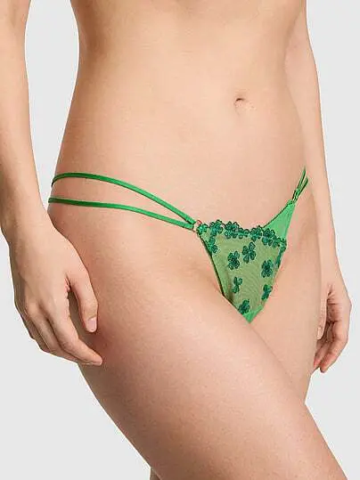 Pink Infinity Lace Teeny Thong St. Patrick Embroidery Panty - Green