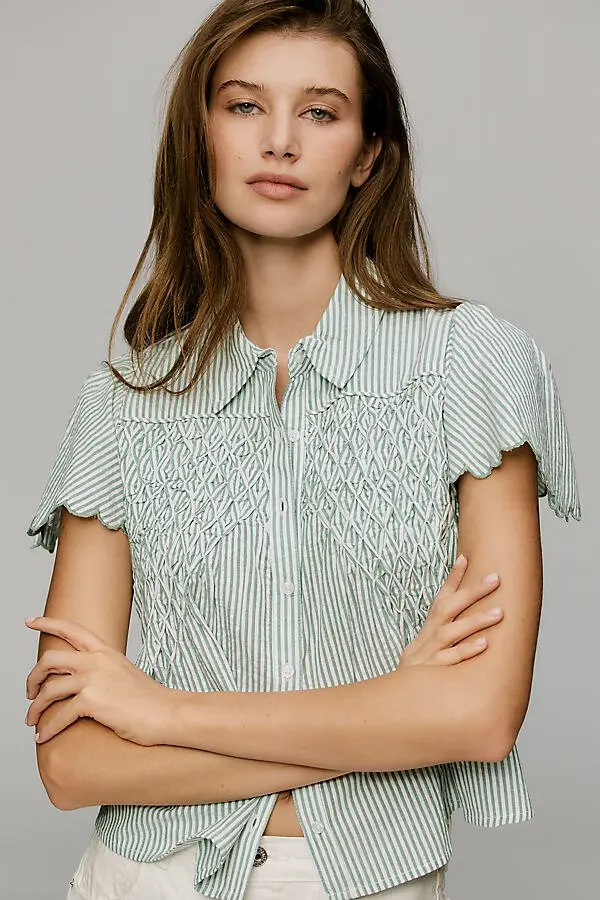 Maeve Cotton Scalloped Swing Top - Green / White Stripe