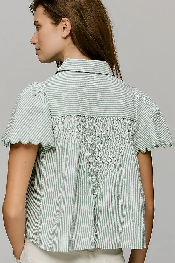 Maeve Cotton Scalloped Swing Top - Green / White Stripe