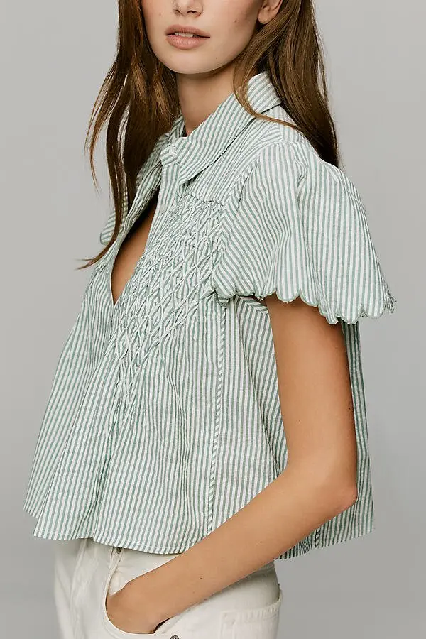 Maeve Cotton Scalloped Swing Top - Green / White Stripe