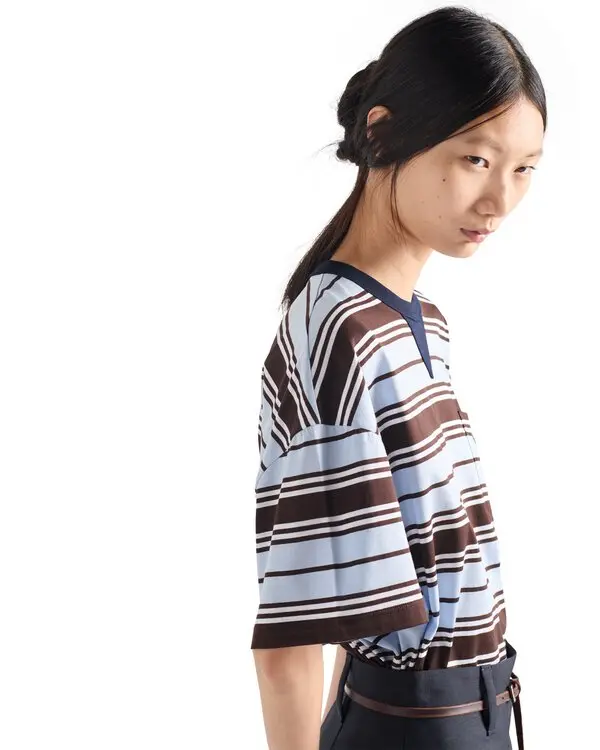 Prada Striped Lisle Cotton T-shirt - Ebony/celeste