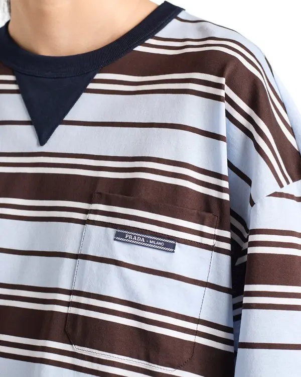 Prada Striped Lisle Cotton T-shirt - Ebony/celeste