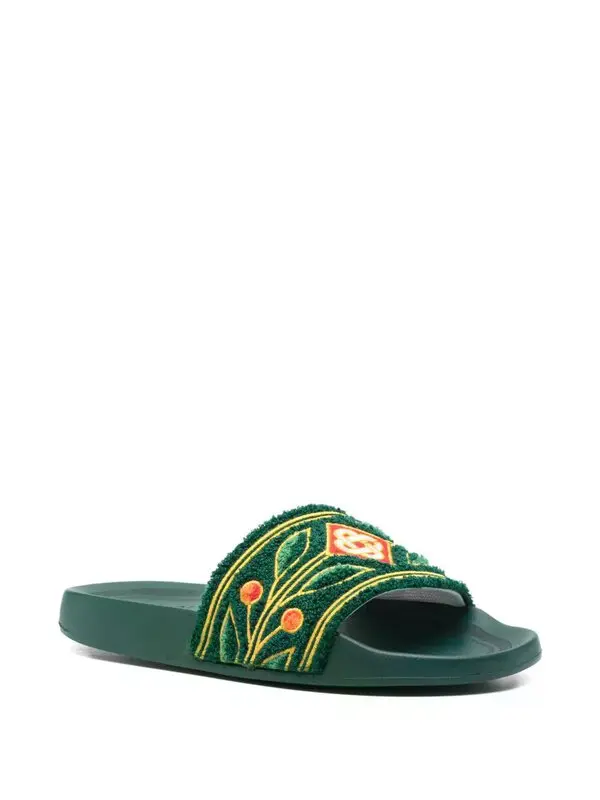 Casablanca Floral Embroidered Slides - Green