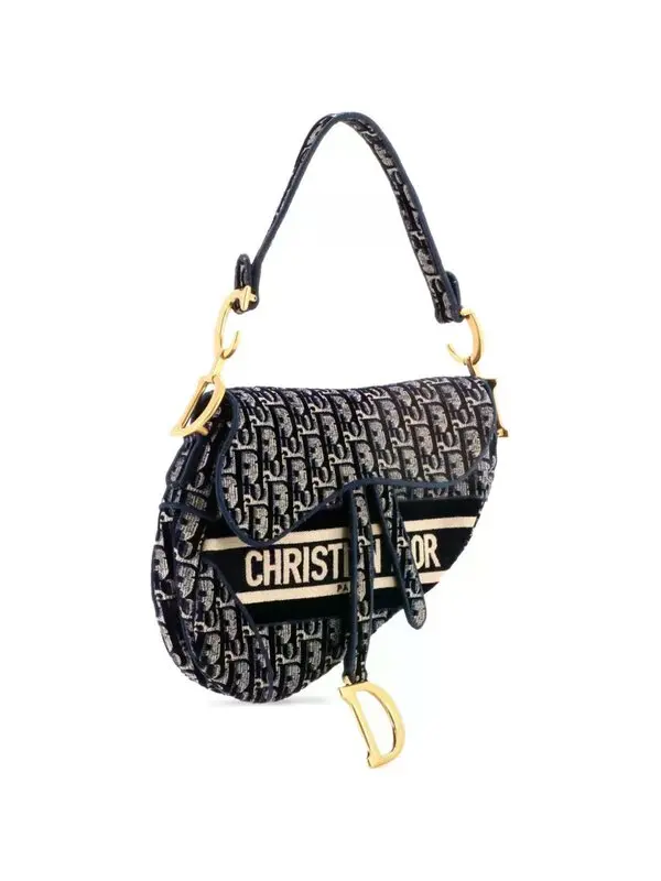 Dior Saddle Handbag Logo Embroidered Oblique Velvet Medium Shoulder Bag - Blue