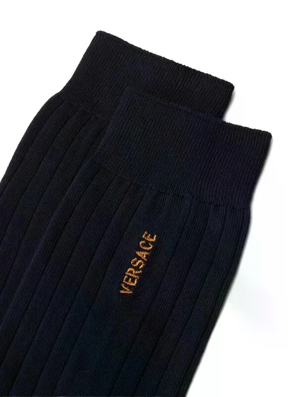 Versace Ribbed Cotton Socks With Logo Embroidery - Blue