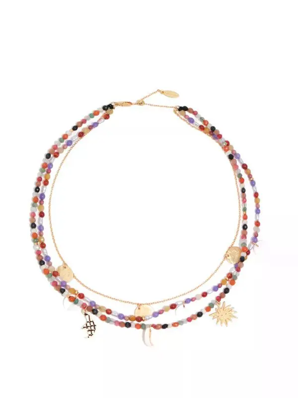 Bimba Y Lola Layered Beaded Charm Necklace With Shell, Coin, And Sun Motifs - Gold