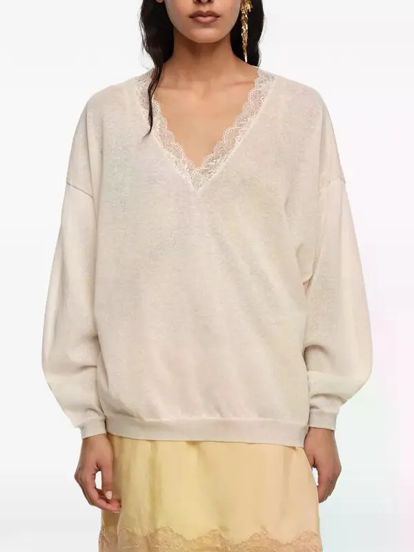 Bimba Y Lola Lace Trim V-neck Top - Neutrals