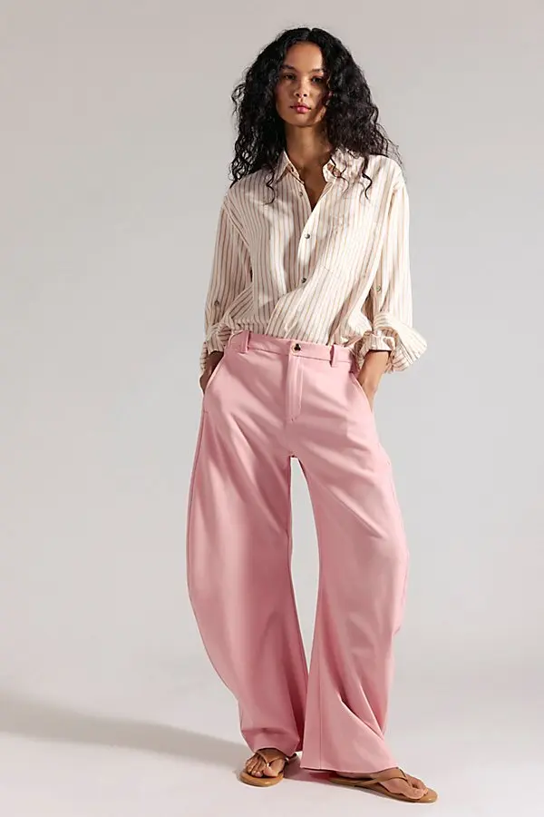 Free People Pinstripe Barrel Trousers - Pale Pink Combo