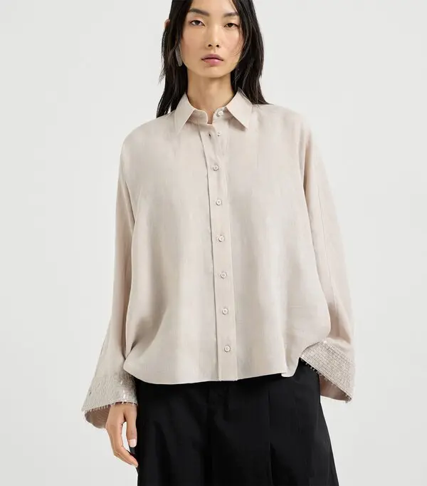 Brunello Cucinelli Linen Button-up Shirt With Embellished Cuffs - Beige