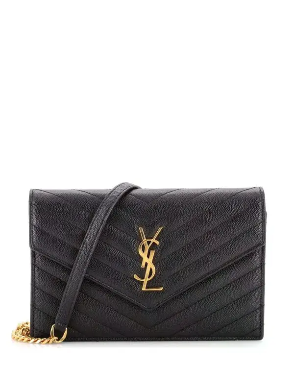 Saint Laurent Classic Monogram Wallet On Chain Matelasse Chevron Leather Small Crossbody Bag - Black