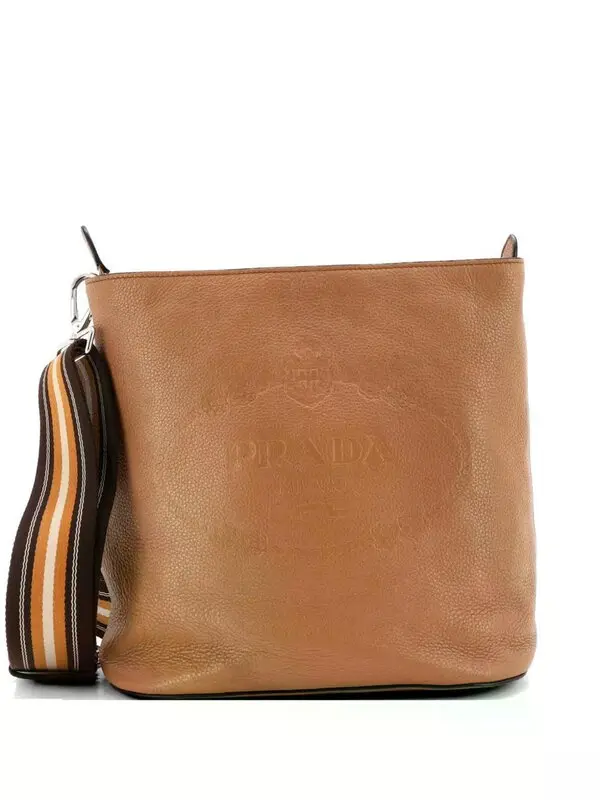 Prada Logo Bucket Messenger Bag Vitello Phenix Small Crossbody Bag - Brown