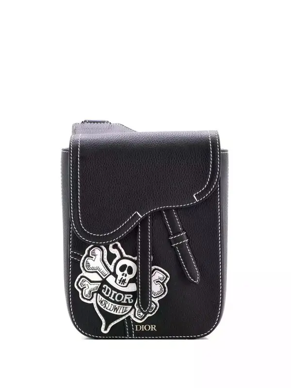 Dior Stussy Saddle Messenger Pouch Leather With Applique Crossbody Bag - Black