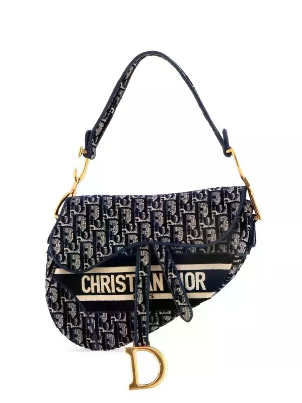 Dior Saddle Handbag Logo Embroidered Oblique Velvet Medium Shoulder Bag - Blue