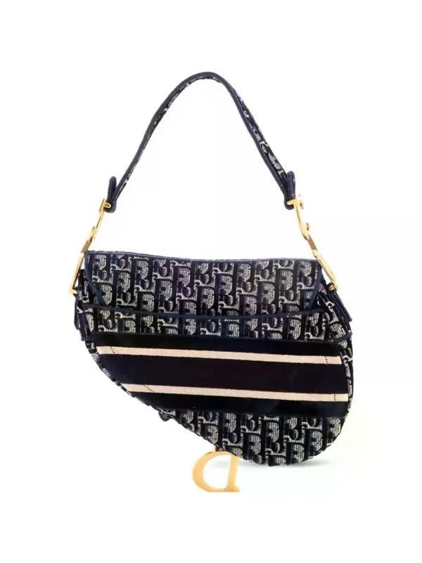 Dior Saddle Handbag Logo Embroidered Oblique Velvet Medium Shoulder Bag - Blue