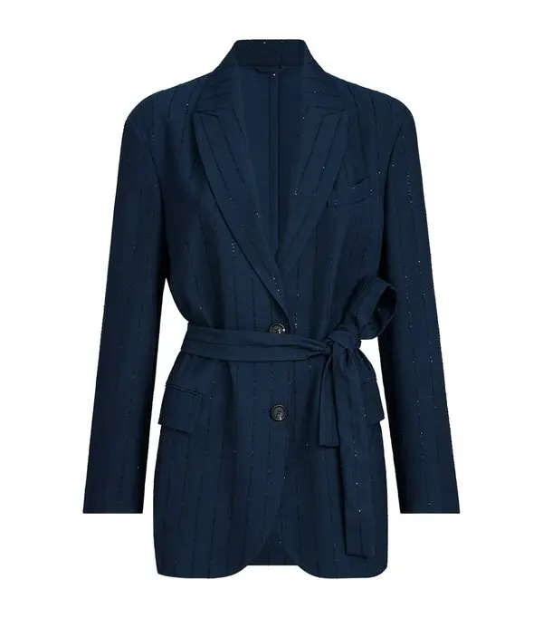 Brunello Cucinelli Chalk Stripe Belted Blazer