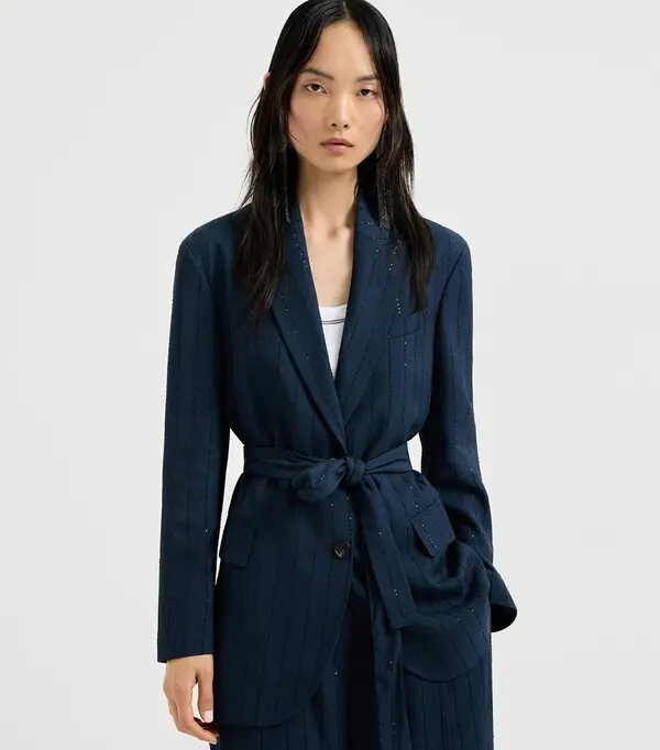 Brunello Cucinelli Chalk Stripe Belted Blazer