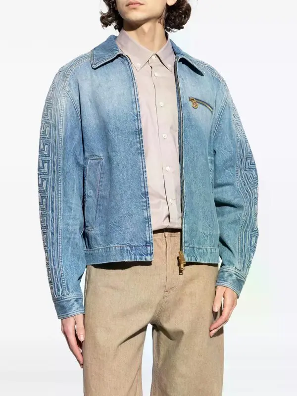 Versace Denim Zip-pocket Jacket With Greca Motif