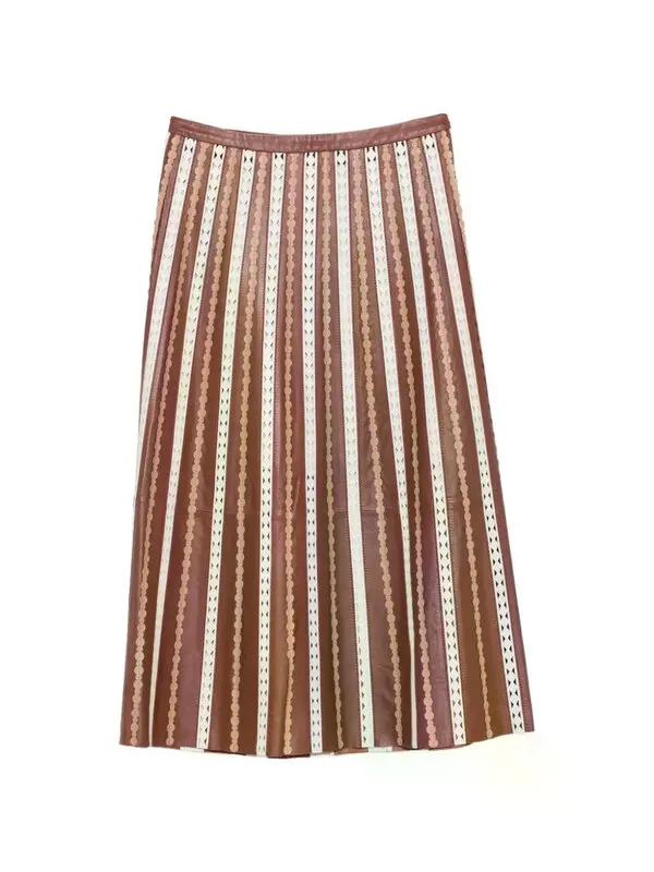 YVES SALOMON Striped Leather Midi Skirt - Brown