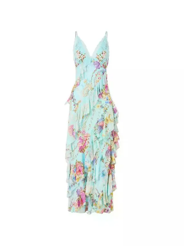 Camilla Asymmetrical Ruffle Slip Maxi Dress - Blue