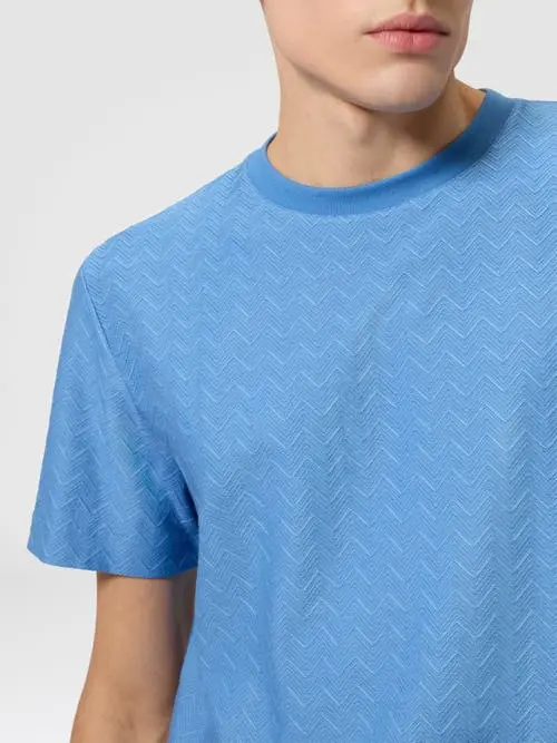 UM Crew-neck Cotton Jacquard T-shirt With Tone-on-tone Zigzag Design - Light Blue