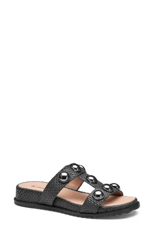 Johnston & Murphy Chandler Embellished Wedge Slide Sandal - Black Raffia