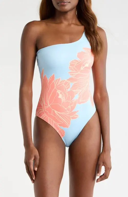 HUTCH Placement Print One-shoulder One-piece Swimsuit - Sky Blue Peonies