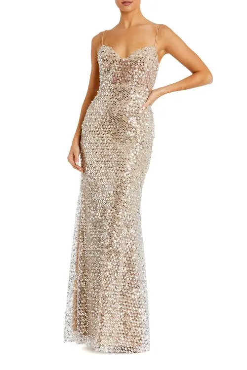 Mac Duggal Embellished Mesh Bustier Gown - Nude