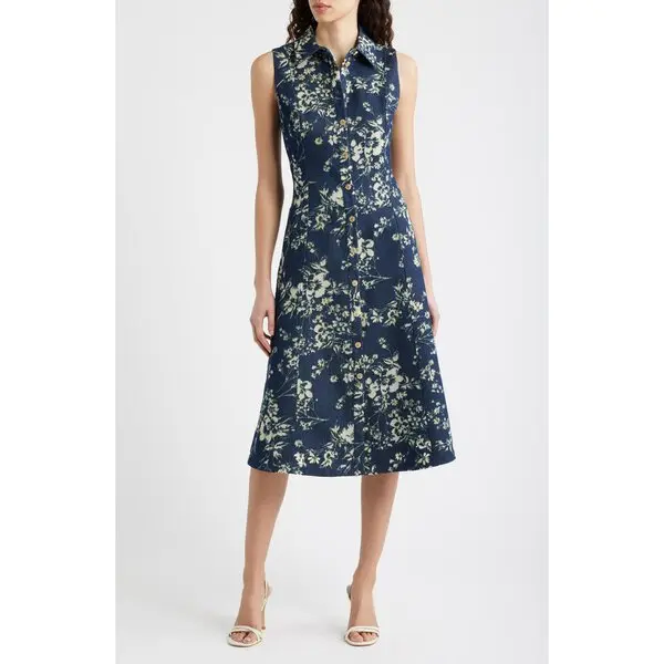 Elie Tahari The Gabby Floral Burnout Denim Midi Dress - Dark Denim