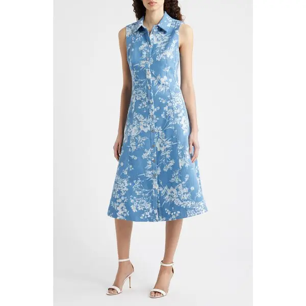 Elie Tahari The Gabby Floral Burnout Denim Midi Dress - Light Denim