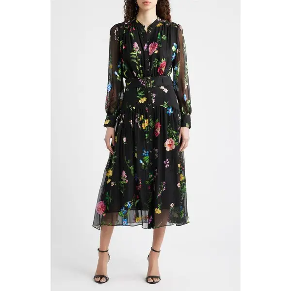 Elie Tahari The Janice Floral Print Long Sleeve Dress - Noir Denim Garden