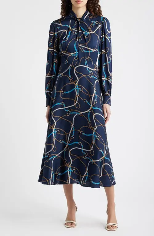 Elie Tahari The Raquel Placed Floral Long Sleeve Silk Blend Dress - Denim Chain Print