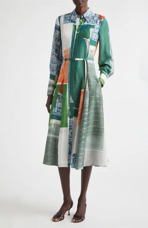 JASON WU Collage Print Sandwashed Silk Shirt Dress - Blue Green Multi