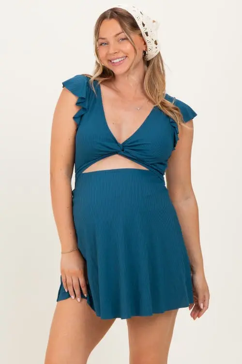 PINKBLUSH Ribbed Ruffle Twist Front Swim Dress - Dark Teal