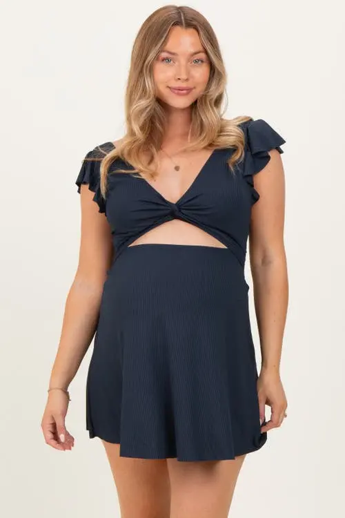 PINKBLUSH Ribbed Ruffle Twist Front Maternity Swim Dress - Navy Blue