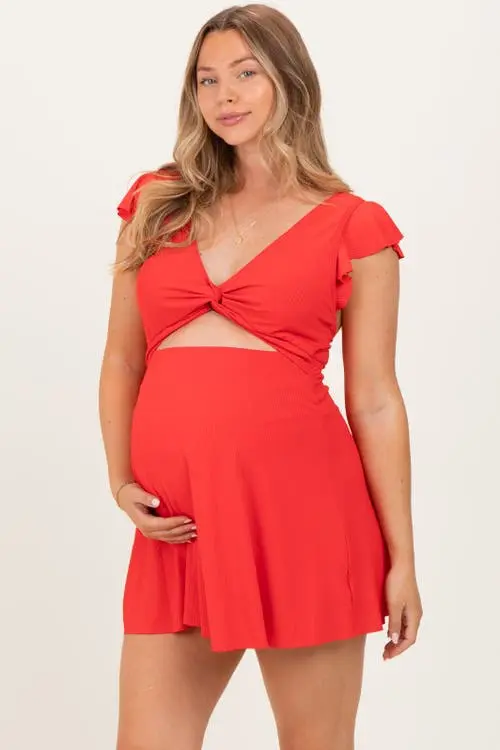 PINKBLUSH Ribbed Ruffle Twist Front Swim Dress - Red