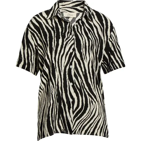 Elan Short Sleeve Button-up Cover-up Shirt - Black Zebra