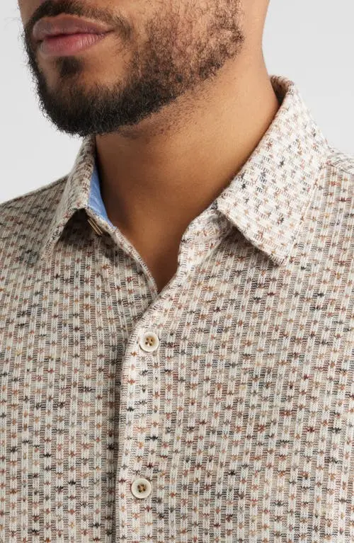 Johnston & Murphy Linden Textured Short Sleeve Button-up Shirt - Ivory/brown Stripe