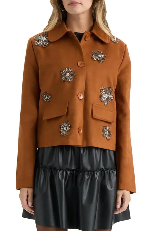 NVLT Beaded Floral Faux Suede Jacket - Luggage