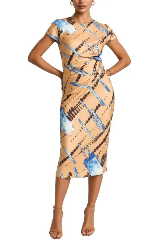 AREA STARS Avery Print Draped Dress - Tan Abstract